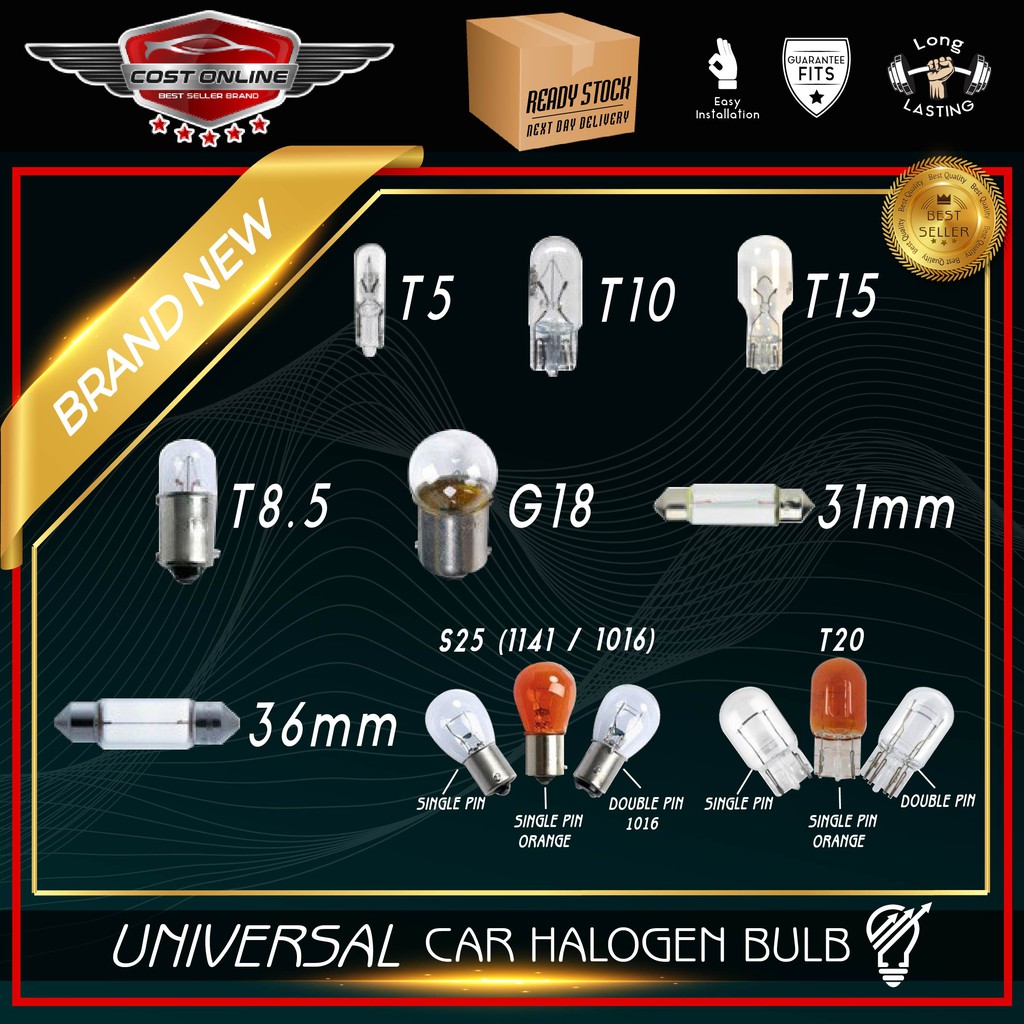UNIVERSAL CAR HALOGEN BULB T5/T10/T15/4038/1156/1141/1016/T20/T20 AMBER ...