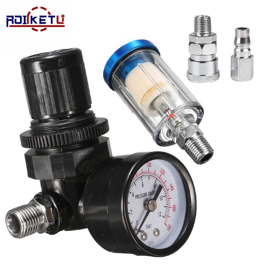 1/4" HVLP Spray Gun Air Regulator Pressure Gauge + 1/4" Mini Inline Air ...