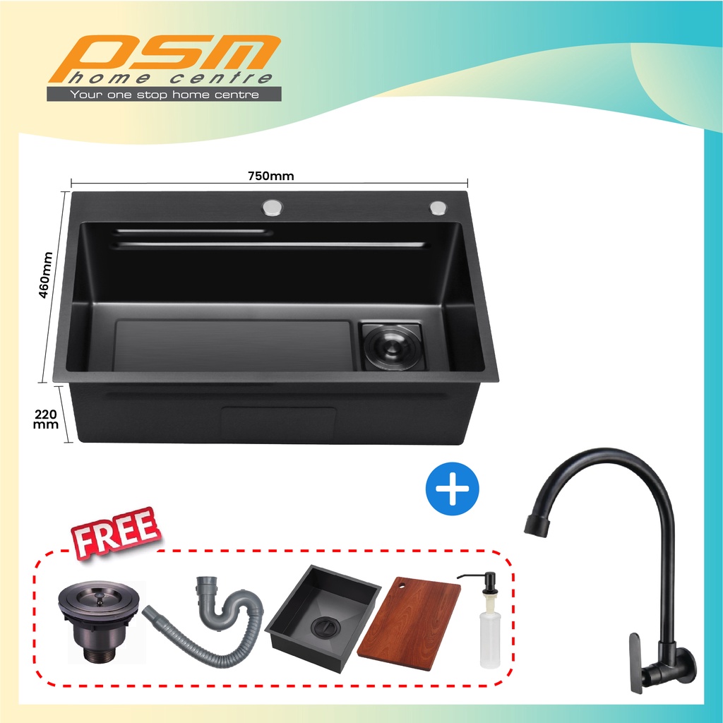 Stainless Steel 304 80CM X 50CM WaterFall NANO Black Gold Kitchen Sink ...