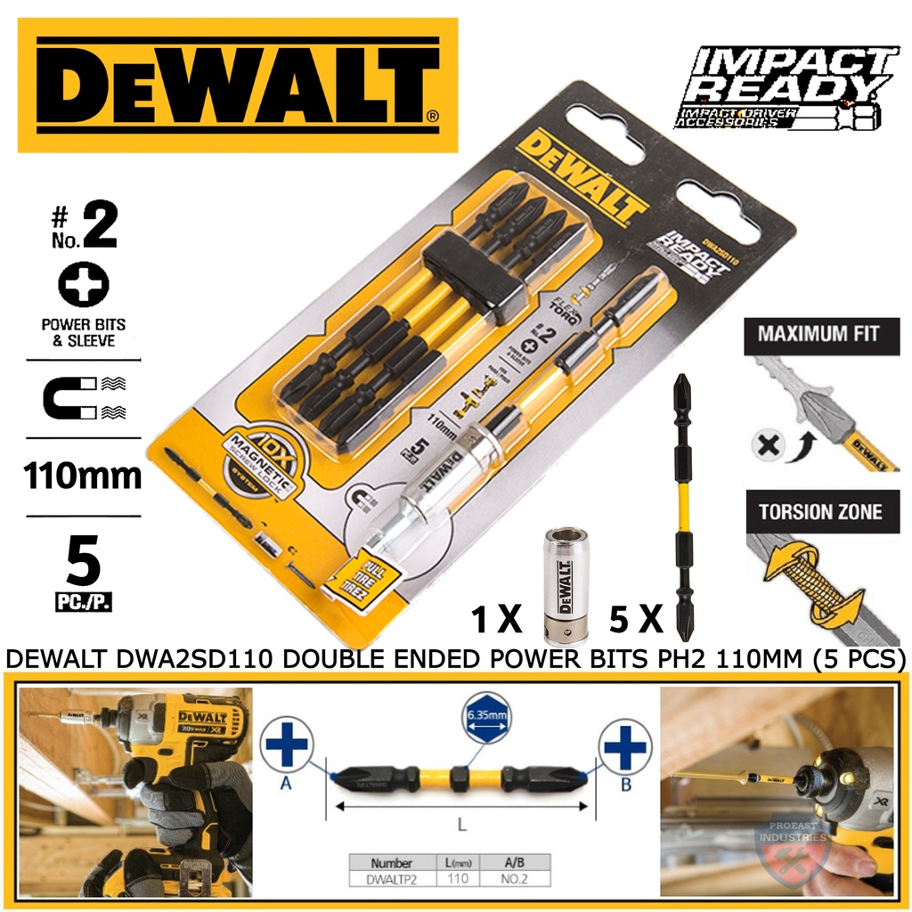DEWALT DWA2SD110 DOUBLE ENDED POWER BITS PH2 110MM Phillips Magnetic ...
