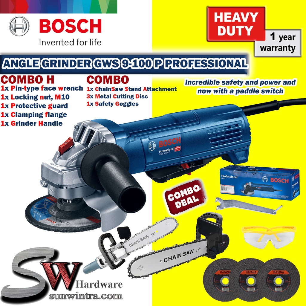 COMBO BOSCH GWS9-100P 900W Paddle Switch ANGLE GRINDER PROFESSIONAL , CHAINSAW STAND ATTACHMENT ...