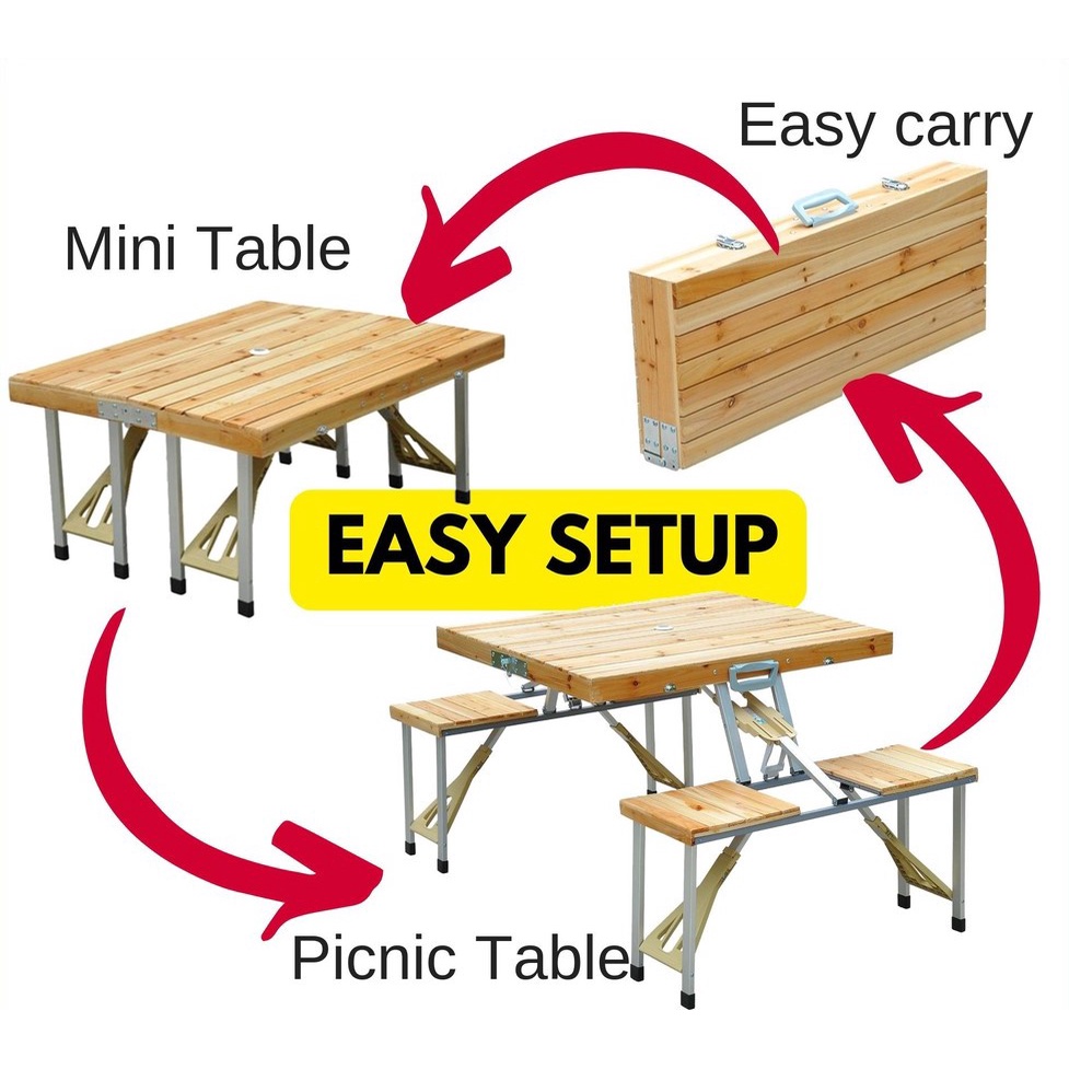 Wooden Foldable Picnic Table Meja Lipat Kayu With 4 Chairs Folding ...