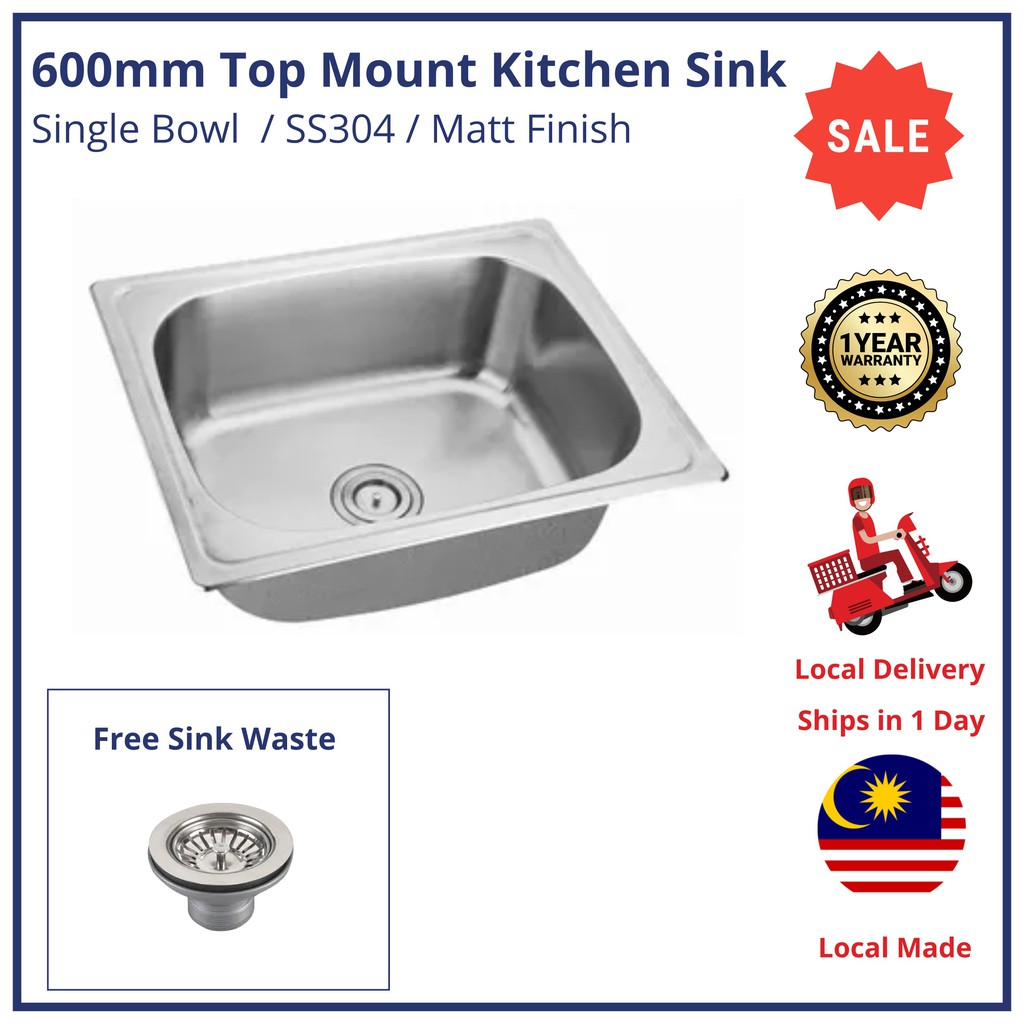 600mm x 450mm Premium 0.8mm Stainless Steel Top Mount Kitchen Sink ...