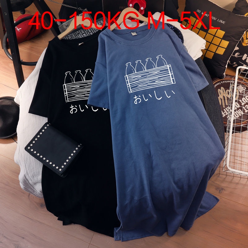 【M-5XL 40-150KG】胖mm大码女装短袖t恤女春夏季新款韩版宽松百搭中长款连衣裙上衣 plus size extra large size oversize fat big size ...