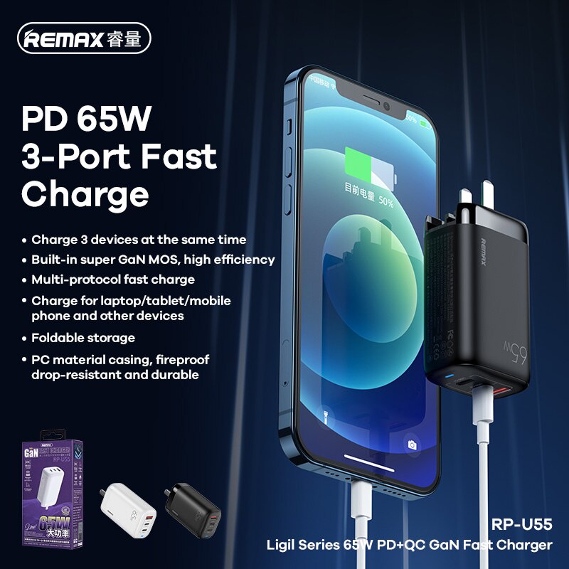 Remax RP-U55 PD65W 65W Dual PD Type-C + QC USB 3 Tri Triple Port GaN Travel Global Worldwide ...