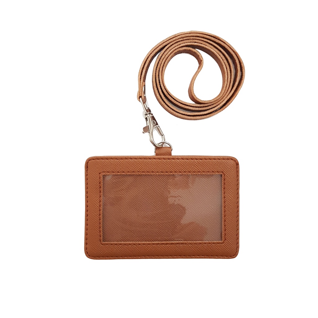 Horizontal Name Tag Brown Leather Lanyard Landscape PU Leather ID Card ...
