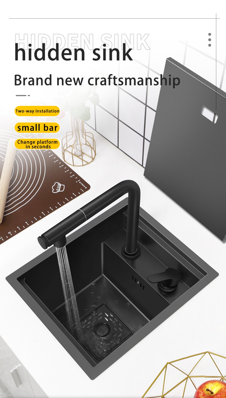 Bar Sink Single Bowl Hidden Black Kitchen Sink Undermount Stainless ...