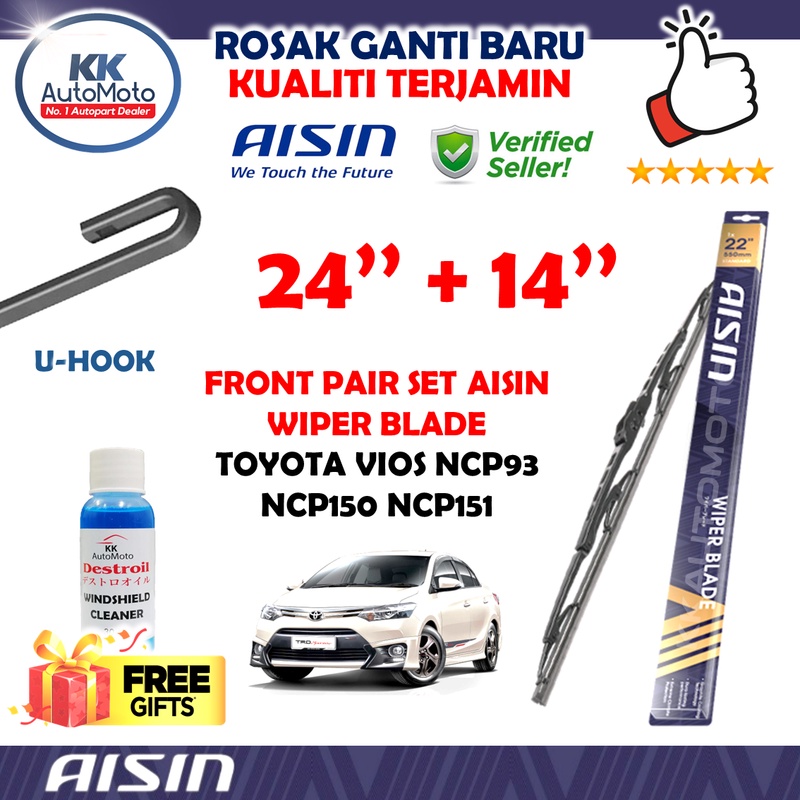 Toyota Vios NCP93 NCP150 24" Inch + 14" Inch High Quality Front Aisin Wiper Blade Set Size 2414 ...