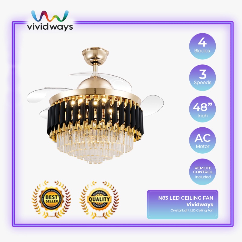 K2 VIVIDWAYS CRYSTAL LIGHT CEILING FAN N83 LED LIGHT 3 COLORS | Shopee ...