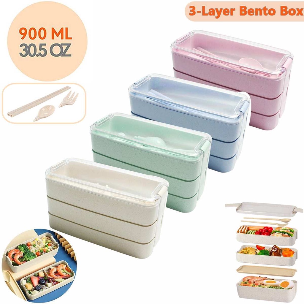 【𝐑𝐄𝐀𝐃𝐘 𝐒𝐓𝐎𝐂𝐊】 Wheat Straw Bento Lunch Box 900ml 3-Layer Microwave ...