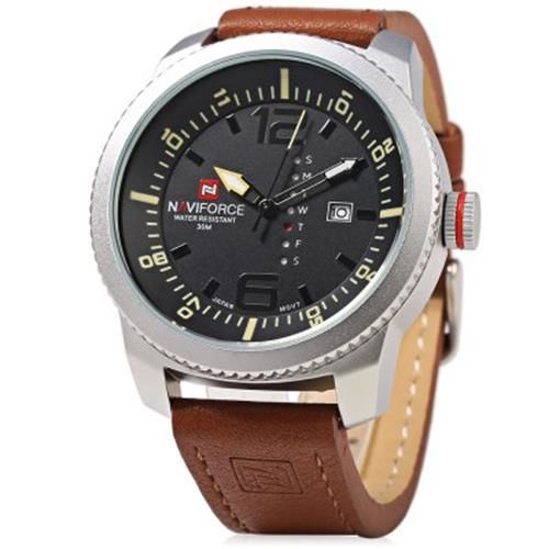 NAVIFORCE NF 9063M MALE QUARTZ WATCH BLACK CASE LEATHER BAND WRISTWATCH ...