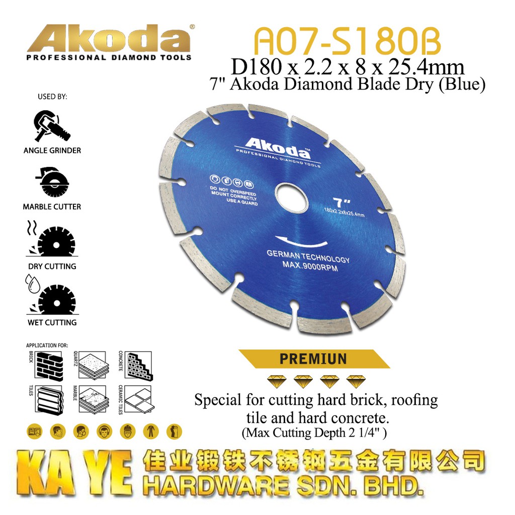 AKODA 7'' PREMIUM UNIVERSAL DIAMOND BLADE DRY (BLUE) A07-S180B | Shopee ...