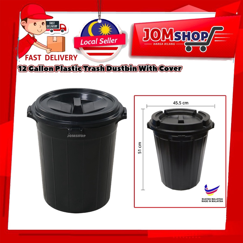 12 Gallon Tong Sampah PVC Garbage Dustbin with cover / Baldi/ Black Dustbin Pail/ Tong Sampah ...