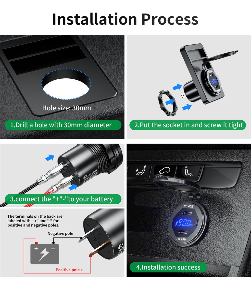 90W Dual Type-C PD Car USB Charger Socket Power Outlet Adapter 12V 24V ...