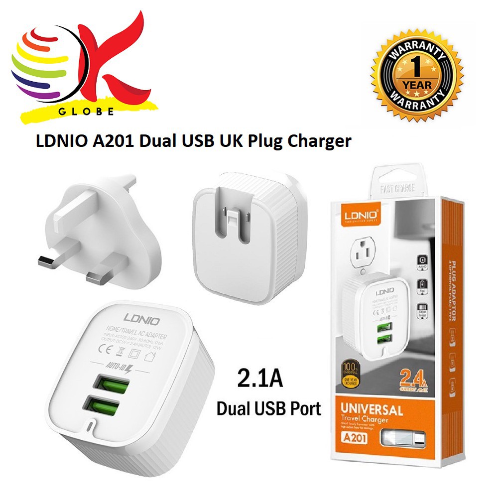 LDNIO A201 FAST CHARGING 2 USB CHARGER PORTS (AUTO-ID 2.4A OUTPUT AUTO MAX, USB X 2) UK PIN PLUG ...