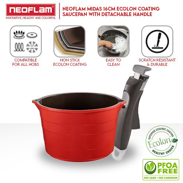 Neoflam Midas Saucepan 6.2"/16cm Cast Aluminum Cookware with Ecolon Coating with Detachable ...