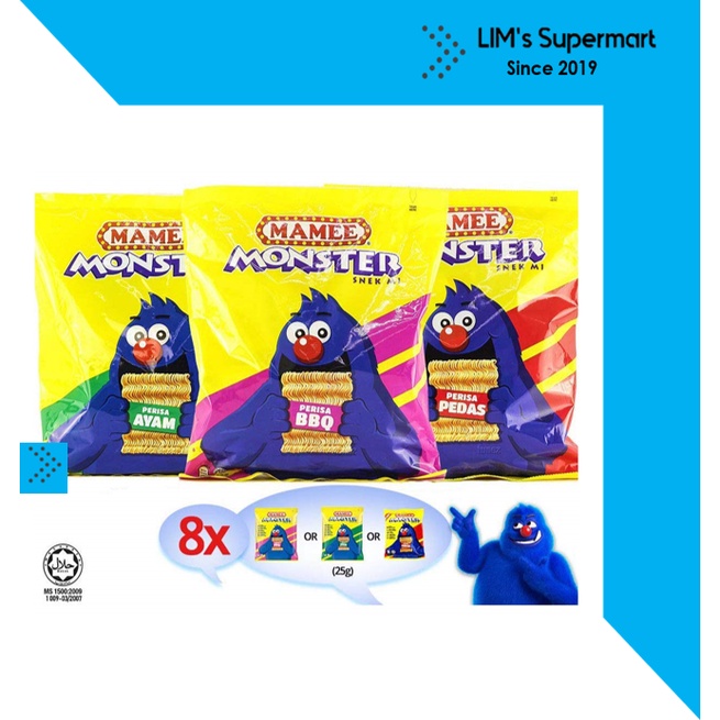 Mamee Monster Family Pack 8x25g 3 flavours BBQ / Ayam / Pedas | Shopee ...