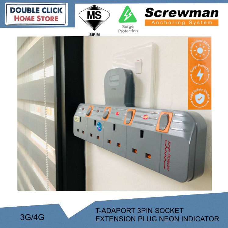 Sirim 3 Way 4way T Adaport 3pin Socket Extension Plug Neon Indicator Surge Protector Sirim