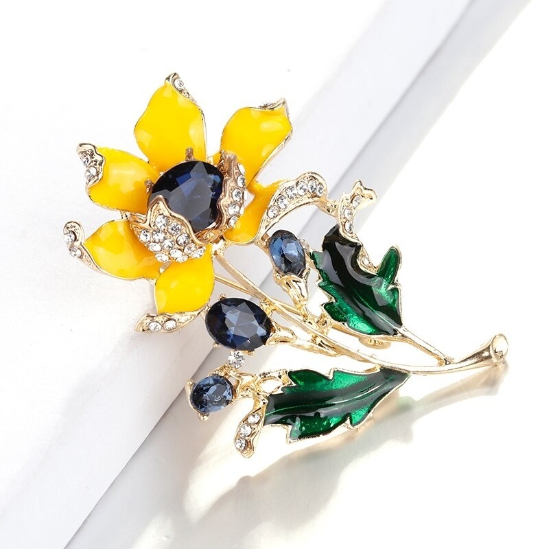 Yellow Enamel Flower Brooches for Women Fashion Beautiful Large Cyrstal ...