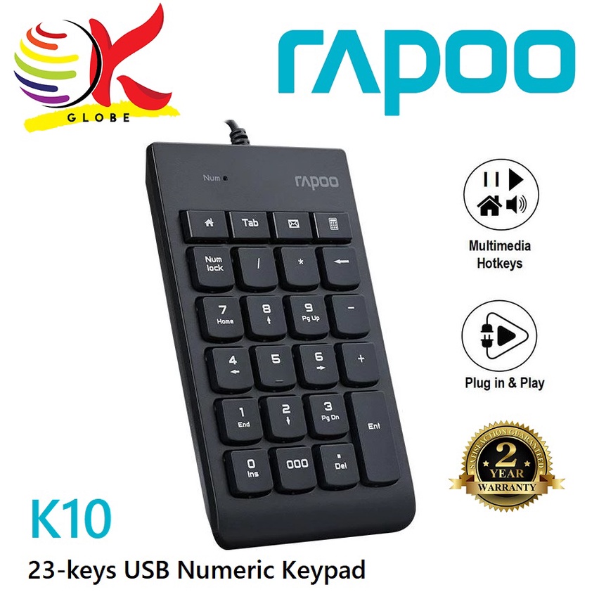 Rapoo K10 23 Keys Compact Wired Numeric Keypad Usb Number Pad For Pc Laptop With Plug And Play
