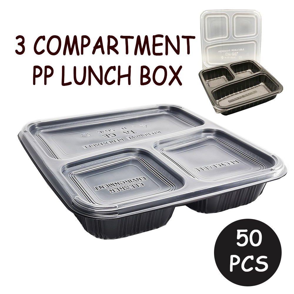 50PCS TAGE TFSQ3C 3 Compartment PP Lunch Box with Lid | Disposable ...