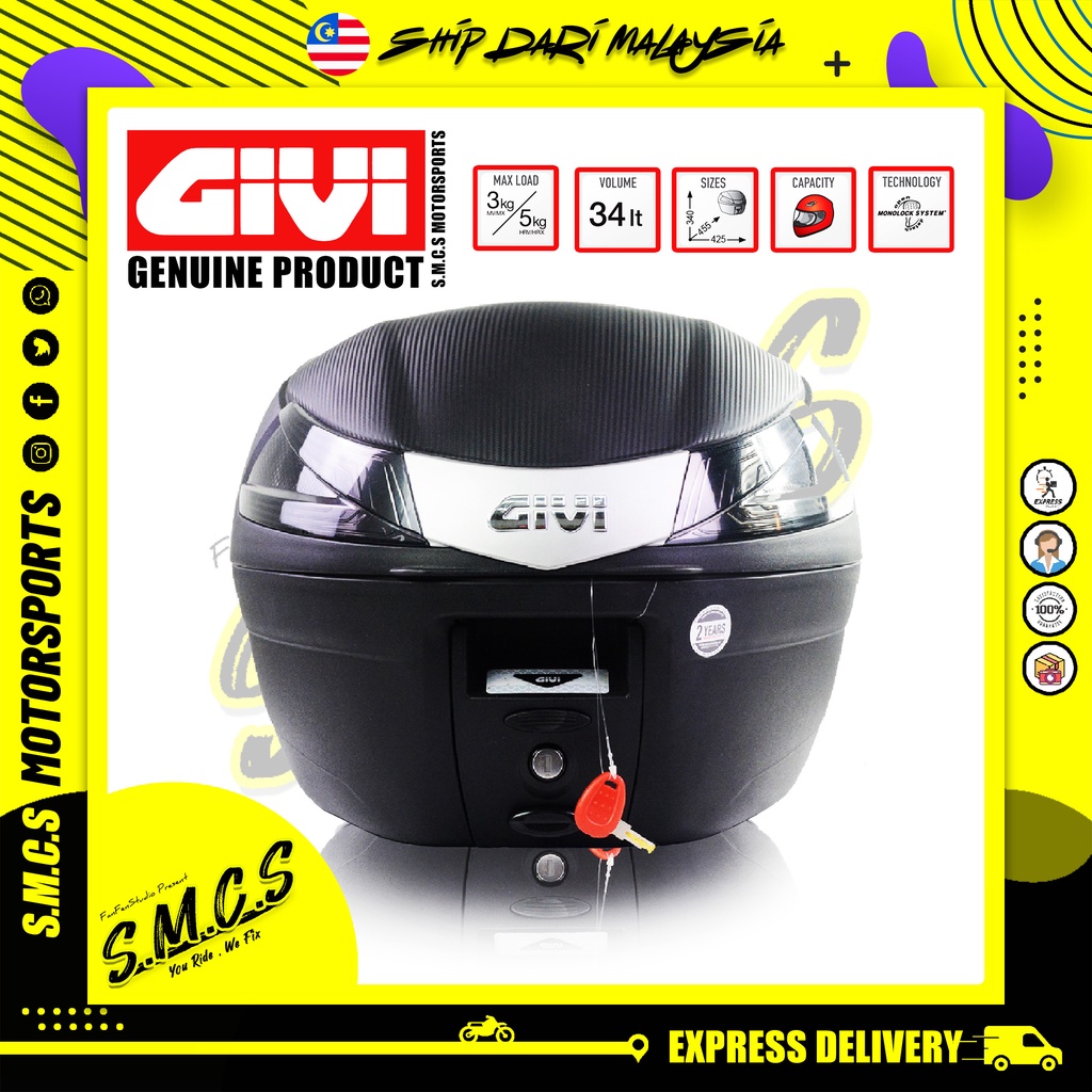 KOTAK GIVI Box B34NT Motorcycle Monolock® CARBON Top Hard Bag 34LTR (100% Original GIVI Product ...