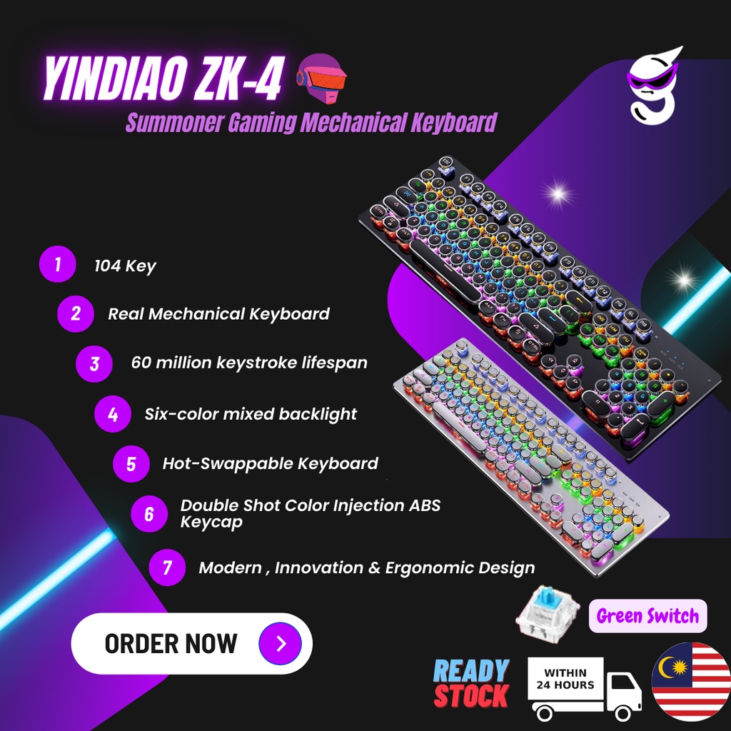 YINDIAO ZK4 Real Mechanical Gaming Keyboard 104 Keys RGB Light Effects ...