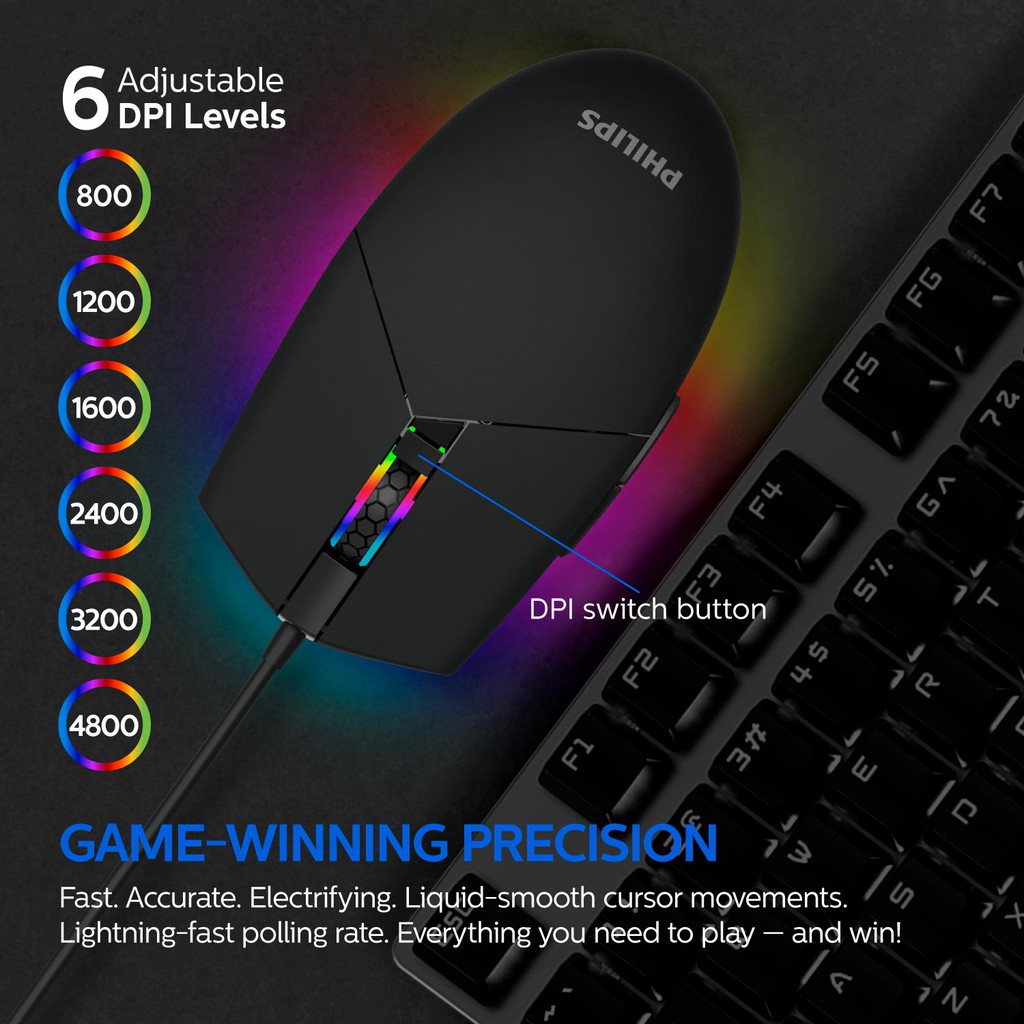 PHILIPS SPK9304 G304 Wired Gaming Mouse 7 Colors Ambiglow Breathing RGB ...