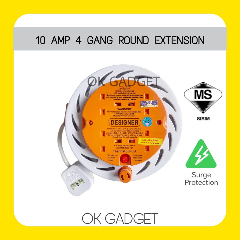 Designer 10Amp 4 Gang Round Extension Box with Safety Reset Shutter (7M ...