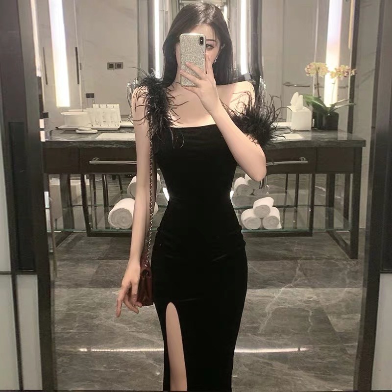 READY STOCK MALAYSIA Sexy Slim Slit Slit Bag Hip Feather Tube Top Dress ...