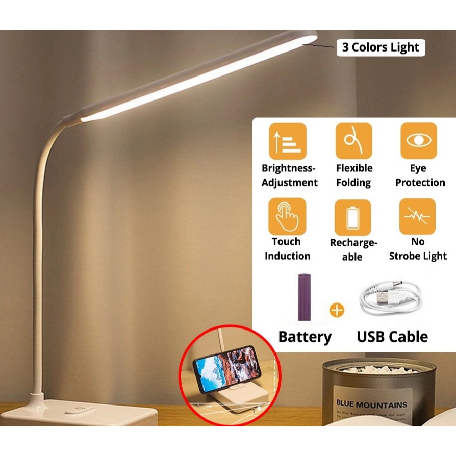LED Light Dimmable Table Desk Lamp USB Rechargeable Study Light with 3 ...