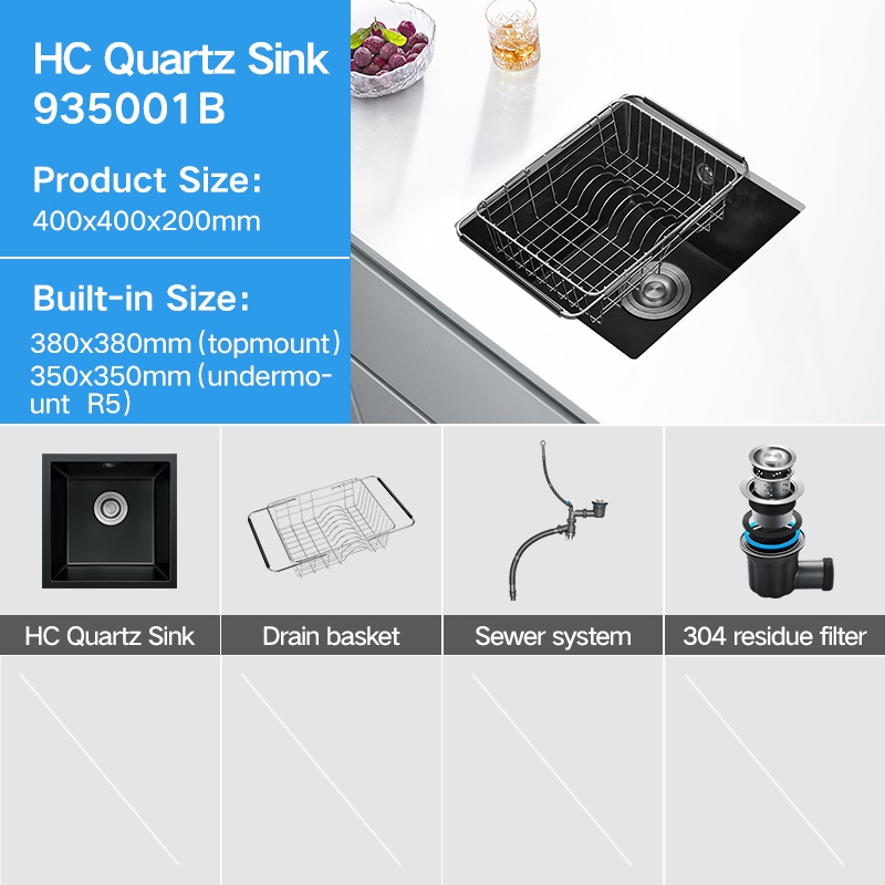 HIGOLD 400mm/500mm Kitchen Sink Quartz Square Sink Topmount Undermount ...