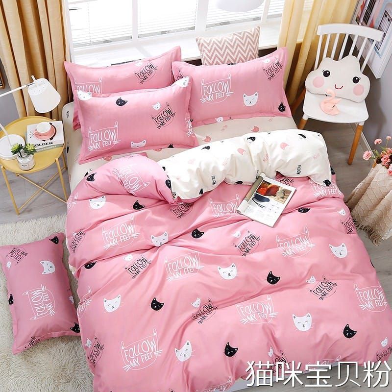 cadar queen 5 in 1 warna pink corak kucing queen bedsheet pink colour ...