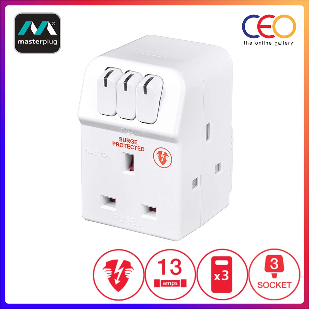 Masterplug Surge Protector 3 Gang 13Amp Individually Switched Adaptor ...