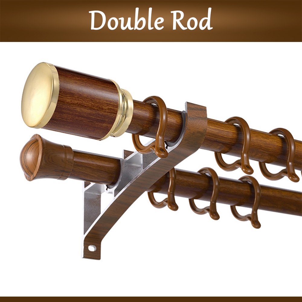 [FULL SET] Borong365 Single / Double Wood Design Aluminum Curtain Rod ...