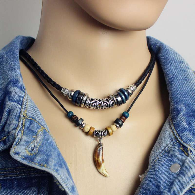 Vintage Wolf Tooth Pendant Beaded-Multilayer Leather Rope Necklace For ...