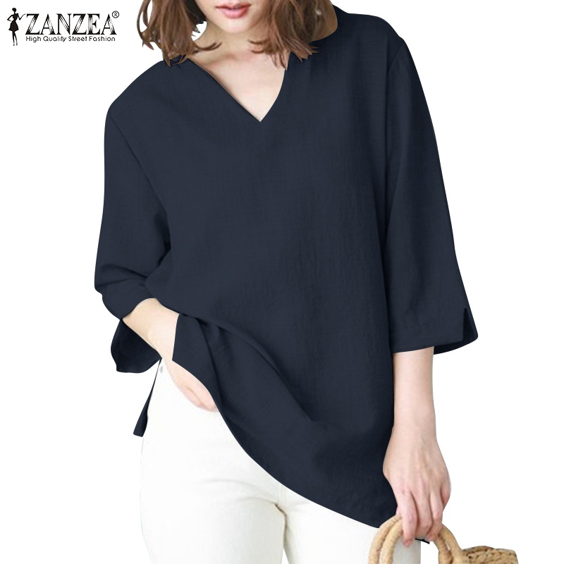 ZANZEA Women Three Quarter Sleeve V Neck Casual Solid Side Split Blouse ...