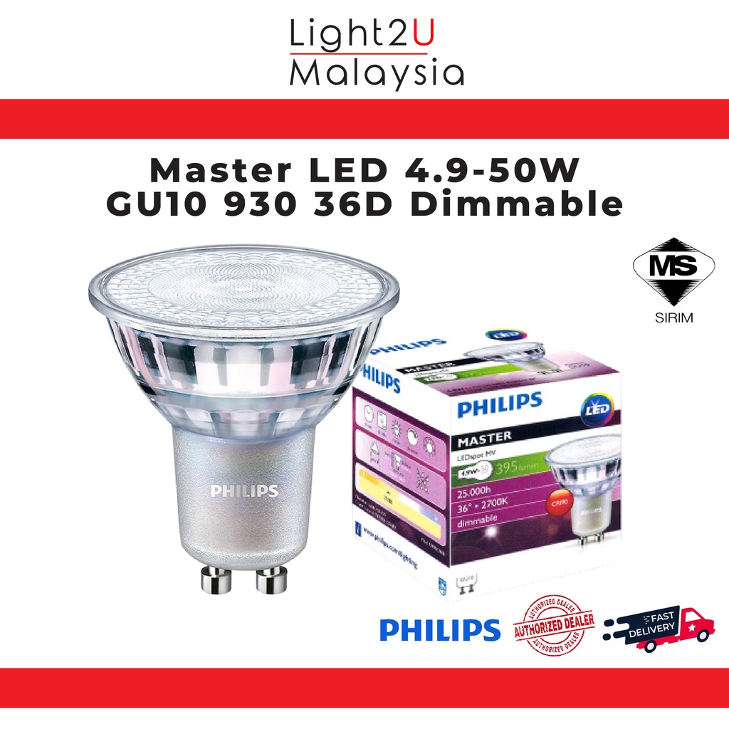 Philips Master LED 4.9/5-50W MR16 GU10 36D (Dimmable) - 3000K/4000K [Light Bulb - Mentol Lampu ...