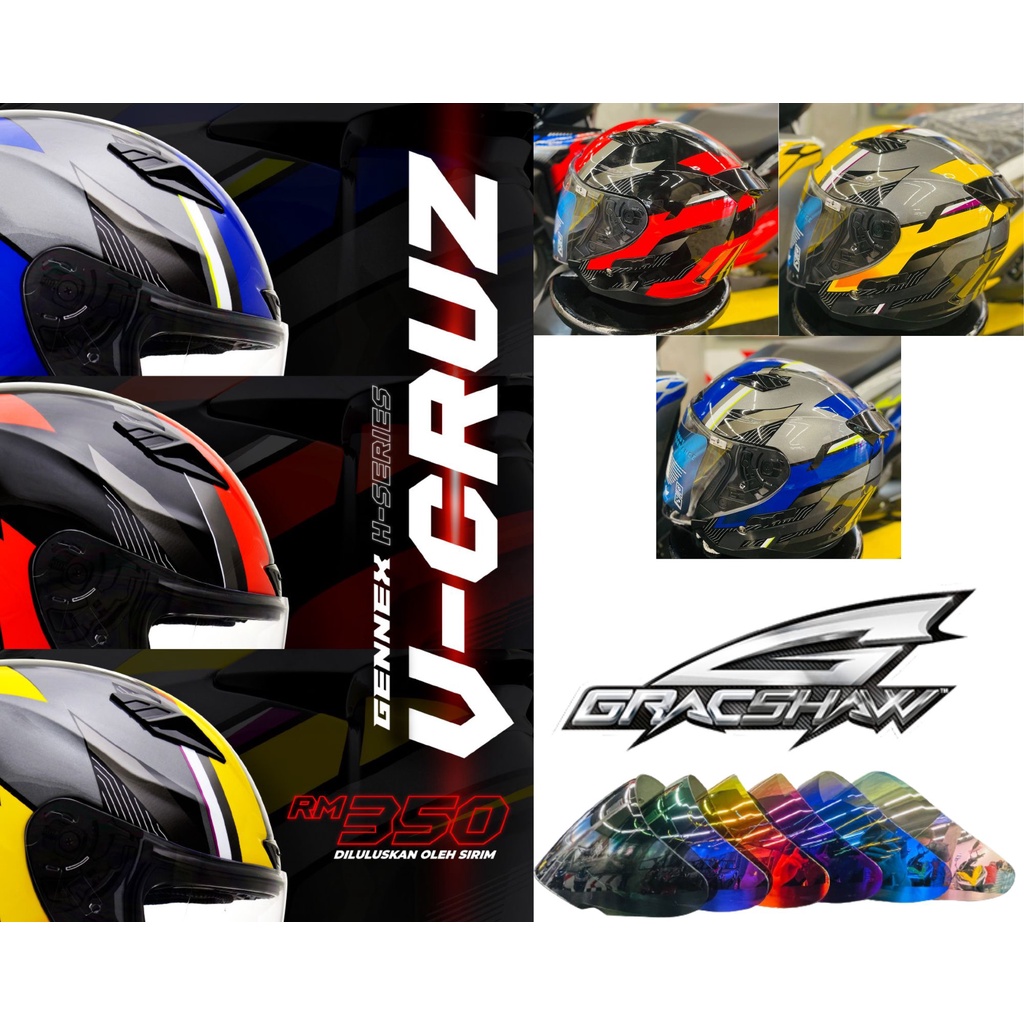GRACSHAW G535 HELMET GENNEX V-CRUZ HONDA (RED/YELLOW/BLUE/BLACK) 💯 ...