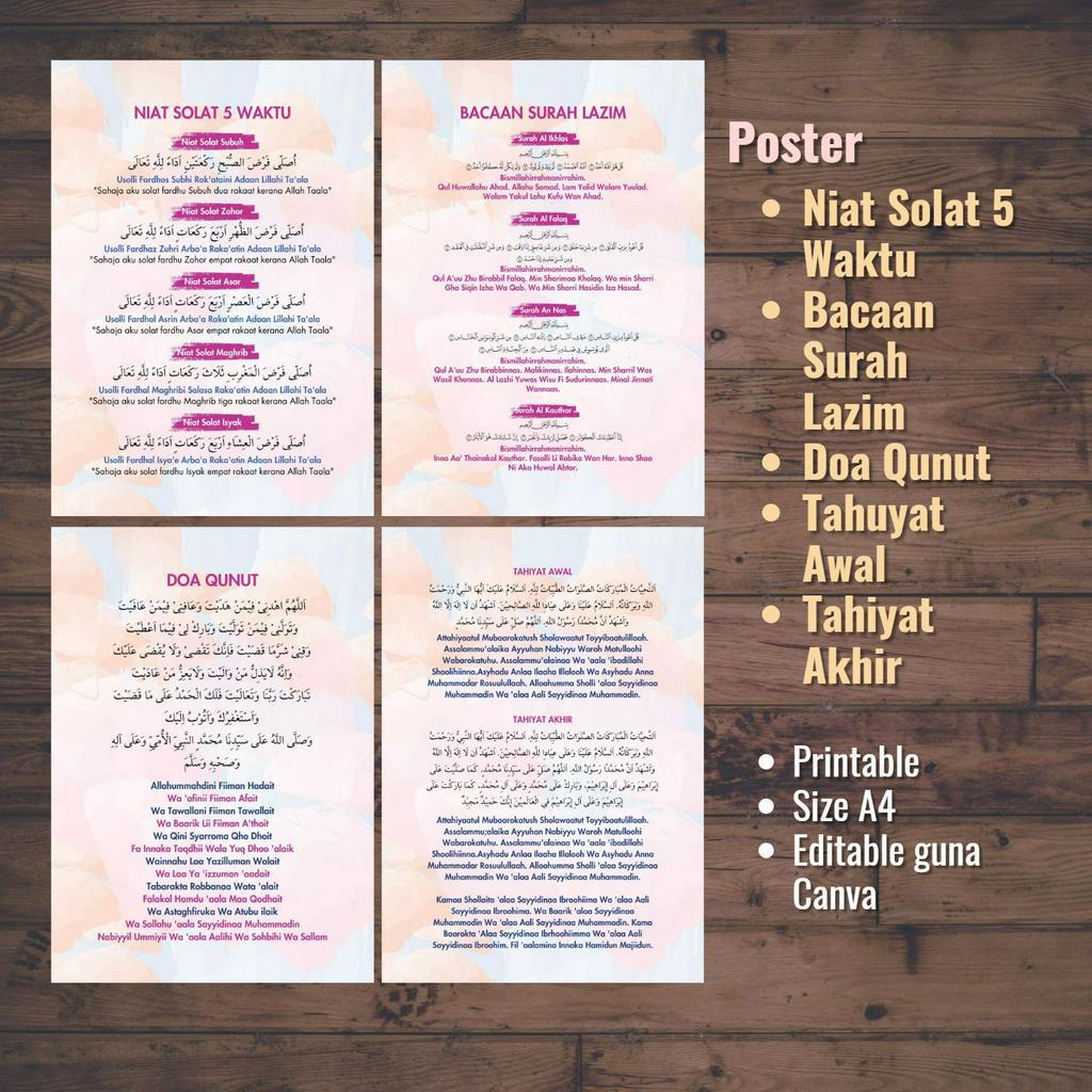 Canva Template. Poster Niat Solat 5 Waktu Surah Lazim Doa Qunut Tahiyat ...