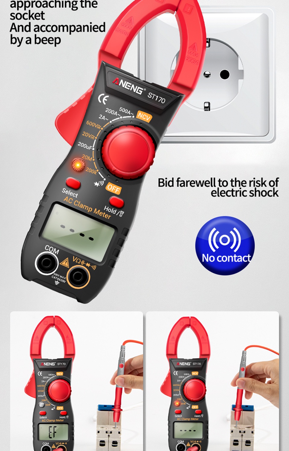 ANENG ST170 Digital Clamp Meter Multimeter 1999 Counts 500A AC Current ...