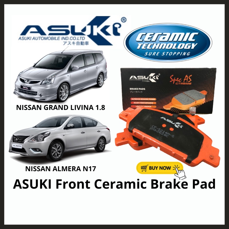 ASUKI Front Ceramic Brake Pad Grand Livina L10 Nissan Almera N17,Latio,March K13, Note E12,Cube ...