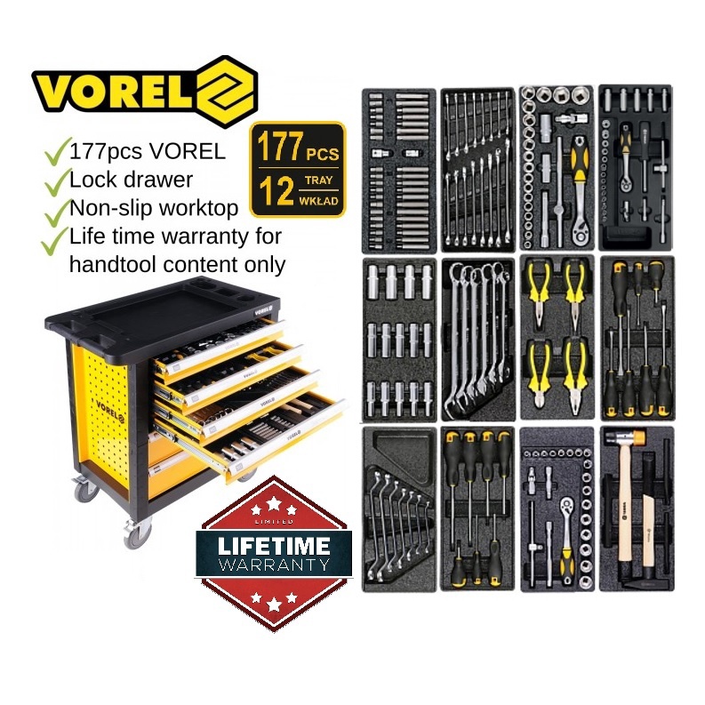 Vorel YT-58540 177pc Mechanic Tools with 6 Drawer Tool Cart Cabinet ...