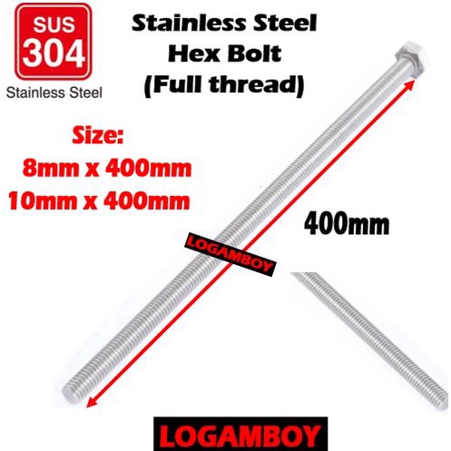 STAINLESS STEEL BOLT HEX BOLT SS304 HEXAGON SCREW FULL THREAD SKRU ...