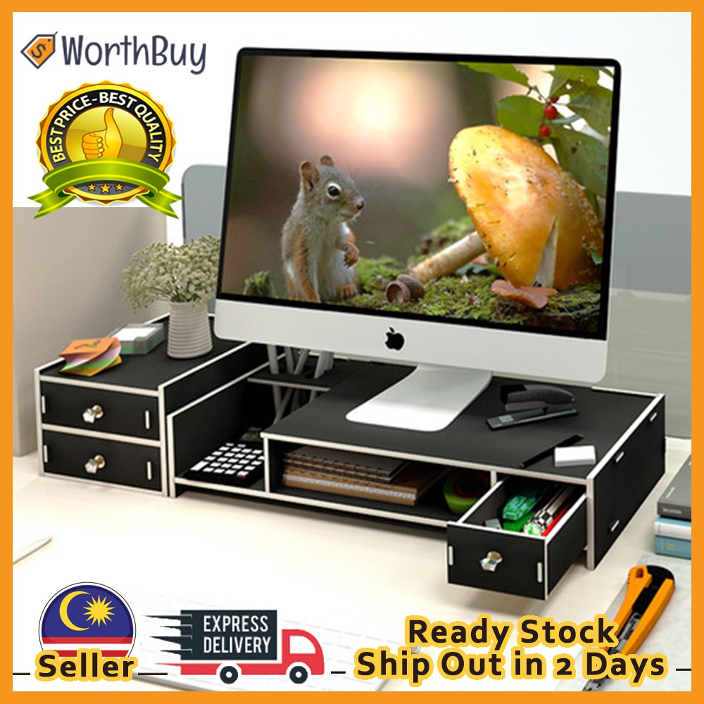 Worthbuy Wooden Desktop Monitor Stand With Drawer Monitor Riser Stand ...