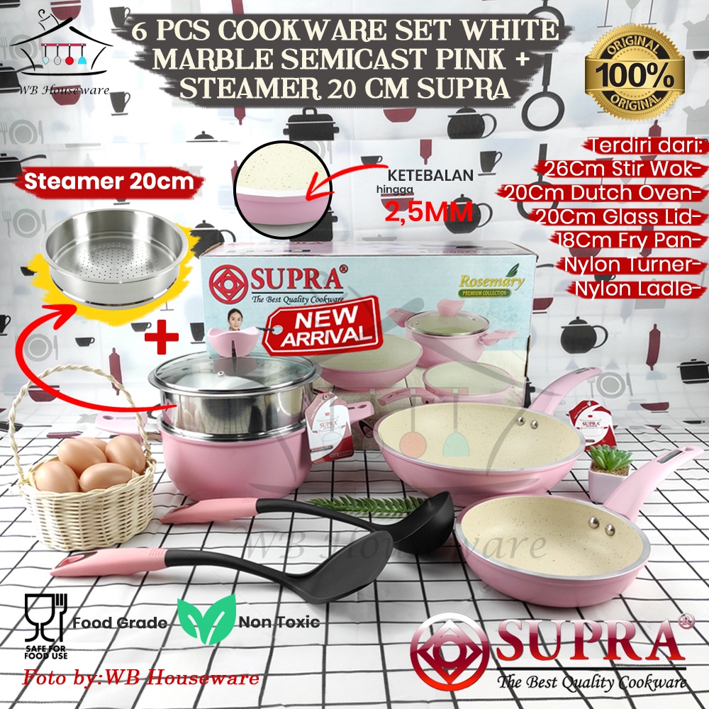 Panci set supra 6pcs white marble pink+steamer/cookware set Non-Stick ...