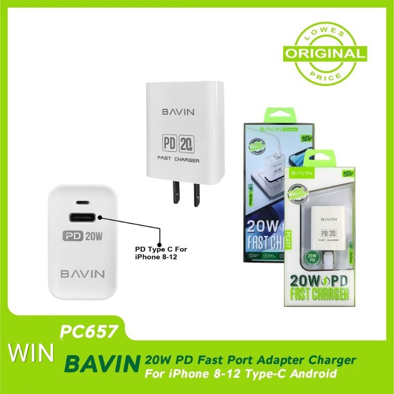 Bavin PC657 20W PD Fast Port Adapter Charger For iphone 8-12 Type-C ...