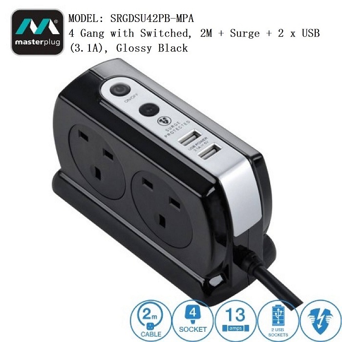 Masterplug 4 GANG Power Block, 2M W/Swich + Surge + 2 x USB 3.1A ...