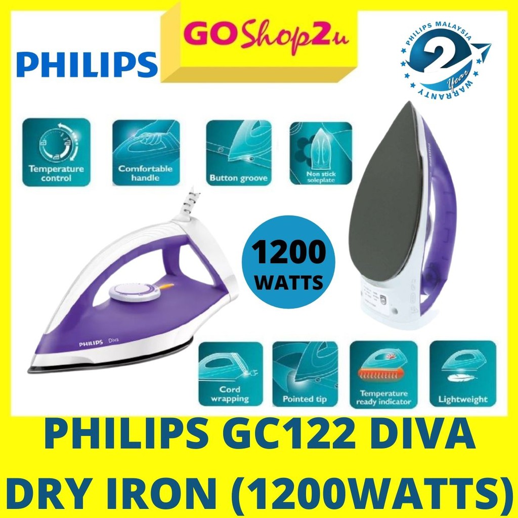 Philips GC122 1200W Diva Light Weight Dry Iron Non-Stick Soleplate ...