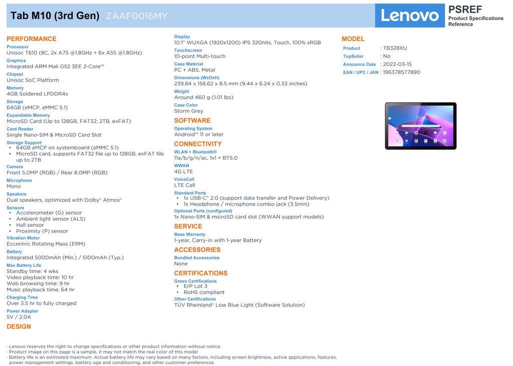 Lenovo Tab M10 3rd Gen TB-328XU - Storm Grey (10.1"WUXGA/4GB + 64GB/5MP/8MP/5000mAh) [Free Folio ...